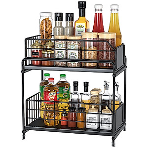 Laokiiy Under Sink Organizers, Storage Bathroom Organizer 2 Tier Under Sliding Kicthen Cabinet Basket Organizer with Hooks, Multi-purpose Under Sink Shelf Organizer, Black
