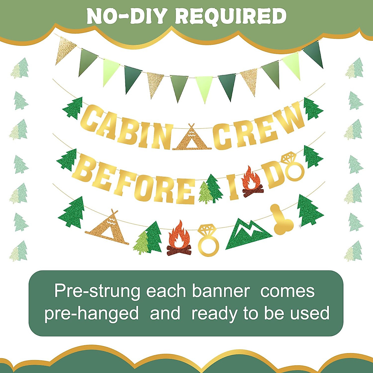 Camp Bachelorette Decorations, Pre-assembled Cabin Crew Before I Do Banner, Gold Green Bachelorette Party Decor for Bride, Camping Party Decorations With Pennant Flags Garland