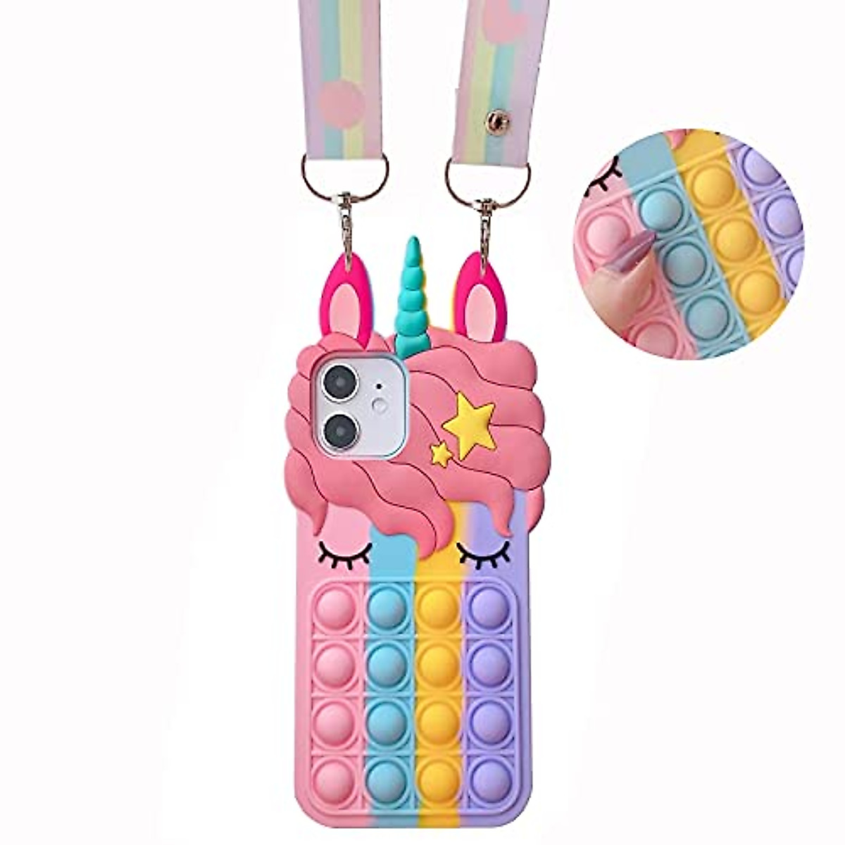 MME Fidget Case for iPhone Case - Cute Fun Funny Soft Silicone Cover for Girls Kids Women, 3D Cartoon Character Kawaii Bubble Cases with Rainbow Neck Lanyard (SE 2022/2020, Color)