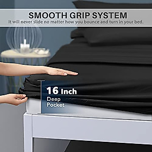 Queen Bed Sheet Set, 4pcs Bedding Sheets & Pillowcases, Soft Microfiber 1800 Thread Count 16" Deep Pocket Luxury Bed Sheets - Hypoallergenic, Wrinkle & Fade Resistant (Black)
