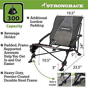 STRONGBACK Beach Chairs - Low Gravity Recliner Portable Beach Chair - with Built-in Lumbar Support - Heavy Duty Folding Beach Chairs - Great for Travel - Black