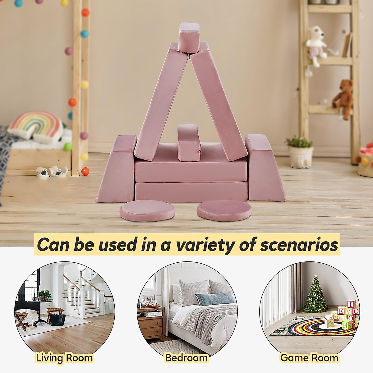 CLIPOP Kids Couch 10pcs Modular Kids Play Couch Set, Kids Couch Building Fort, Instant Rebound Foam, Versatile Child Sectional Sofa for Bedroom Playroom, Stylish Baby Boy Girl Gifts (Pink)