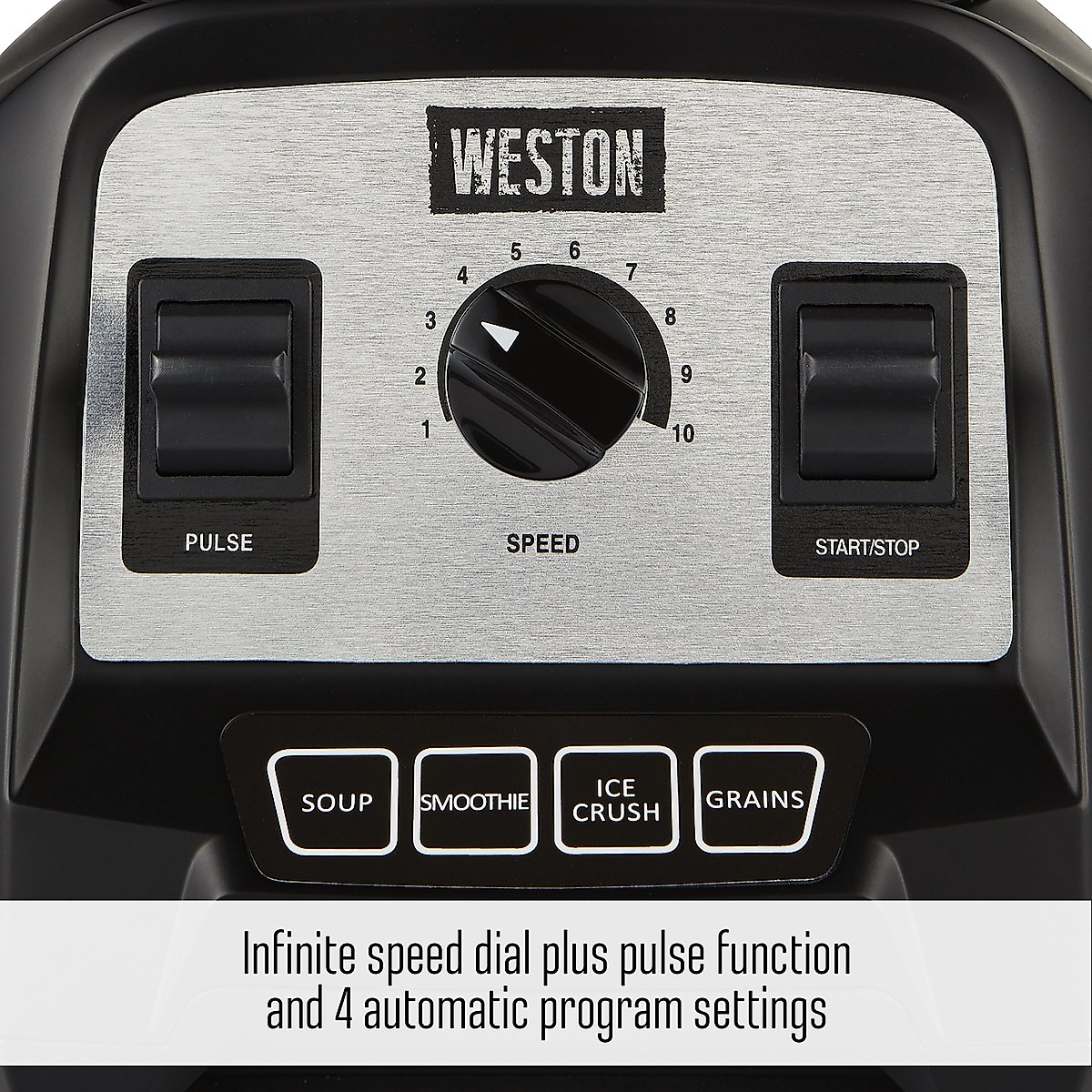 Weston Pro Series 2.4hp Blender with 64oz Tritan Jar, 4 Pre-Programmed Settings and Variable Speed Dial for Puree, Ice Crush, Shakes and Smoothies, Black and Stainless Steel (58914)