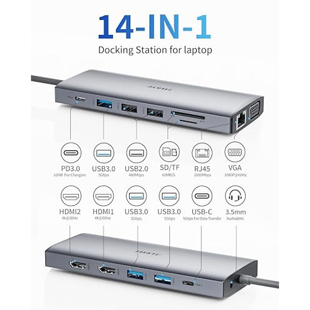 Docking Station 3 Monitors for Windows Laptop, USB C Docking Station with Dual HDMI 4K 60Hz, 1 VGA, 5 USB-A, 100W PD, Ethernet, Mic/Audio, SD/TF, USB Hub for Laptop for Dell XPS/HP/Lenovo/Surface