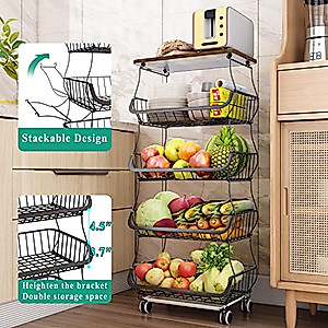 Fruit Basket for Kitchen with Wood Top 5 Tier, SAYZH Stackable Fruit and Vegetable Storage Cart, Wire Storage Basket with Wheels, Vegetable Basket Bins Rack for Onions and Potatoes, Black