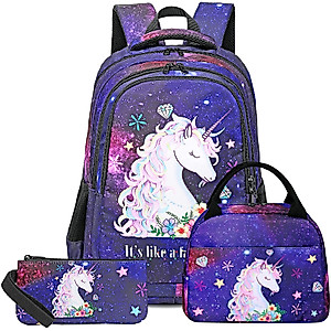 Girls Backpack for Kids Elementary Galaxy Bookbag Girly School bag with Insulation lunch Bag Children Laptop Bag (Galaxy space - Blue-3 pieces)