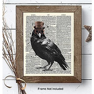 Steampunk Edgar Allan Poe The Raven Wall Art - Gothic Home Decor - Goth Room Decor - Renaissance Hipster Dictionary Art Accessories for Bedroom, Living Room - Hipster Gift for Men, Women
