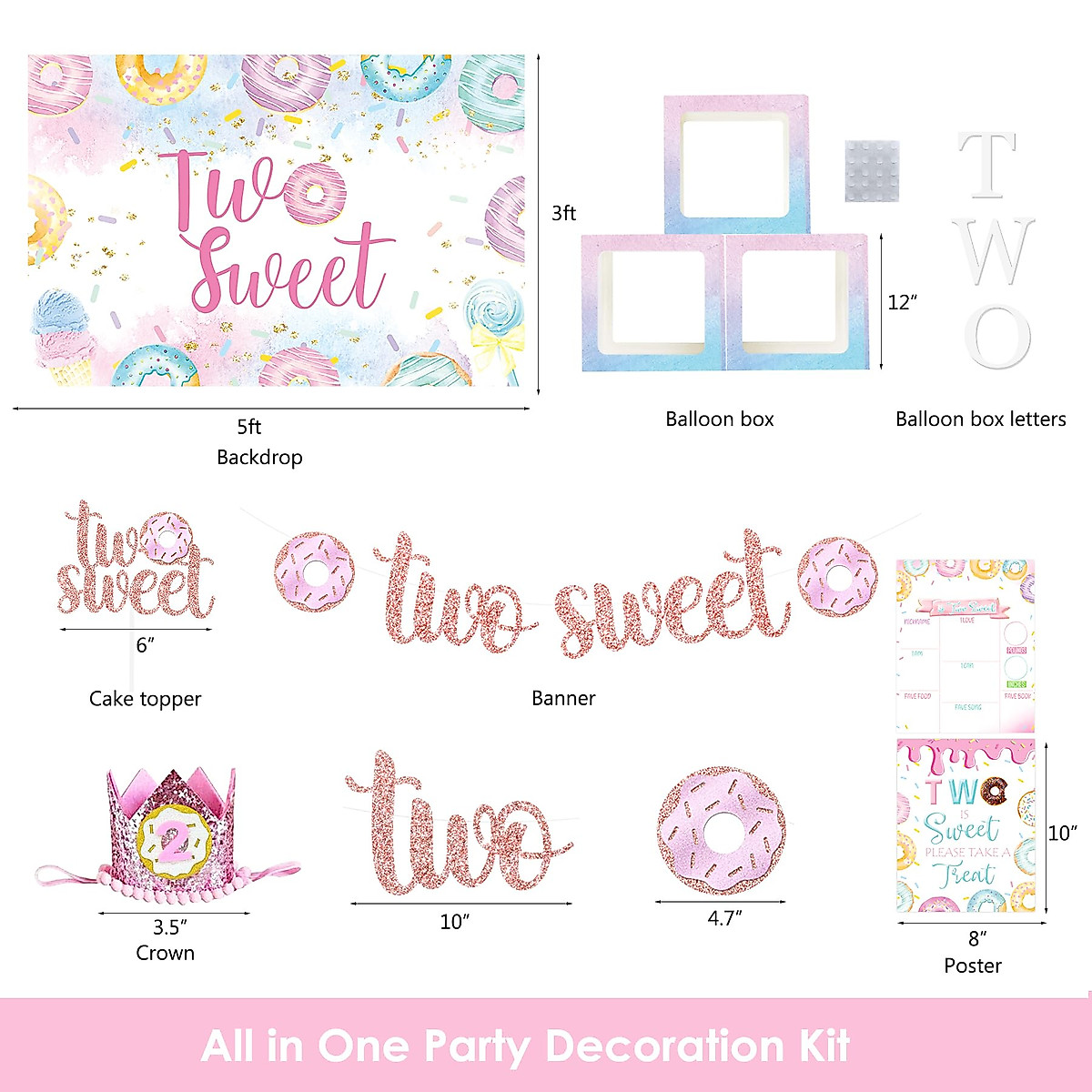YSHMFEUX Two Sweet Birthday Party Supplies Decorations, Two Sweet Donut Ice Cream Birthday Party Decorations, Baby Girl 2nd Birthday Decorations, 2nd Birthday Decorations for Girl