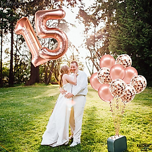KatchOn, Rose Gold 15 Balloons Number - Giant, 40 Inch | 15 Birthday Balloons with Confetti for Happy 15th Birthday Decorations for Girls | Quinceanera Decorations | 15 Birthday Decorations for Girls