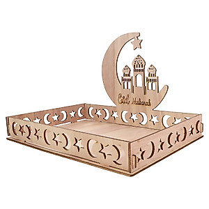 Table Tray Ramadan Mubarak Wooden Serving Tray: Eid Mubarak Moon Castle Tableware Tray Muslim Islam Party Serving Platter for Dessert Snacks Fruit Food Dessert Trays
