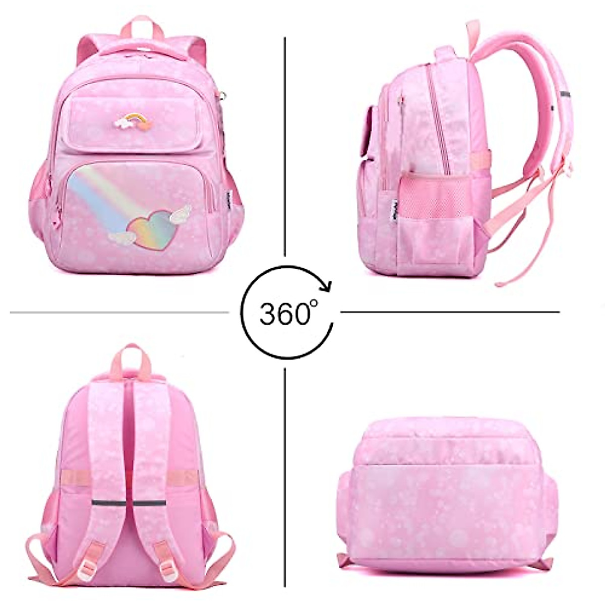 Kacizes Backpack for School Girls Backpacks Kids Cute Rainbow Elementary Middle Bookbag with Laptop Compartments for Travel Daypack, Pink