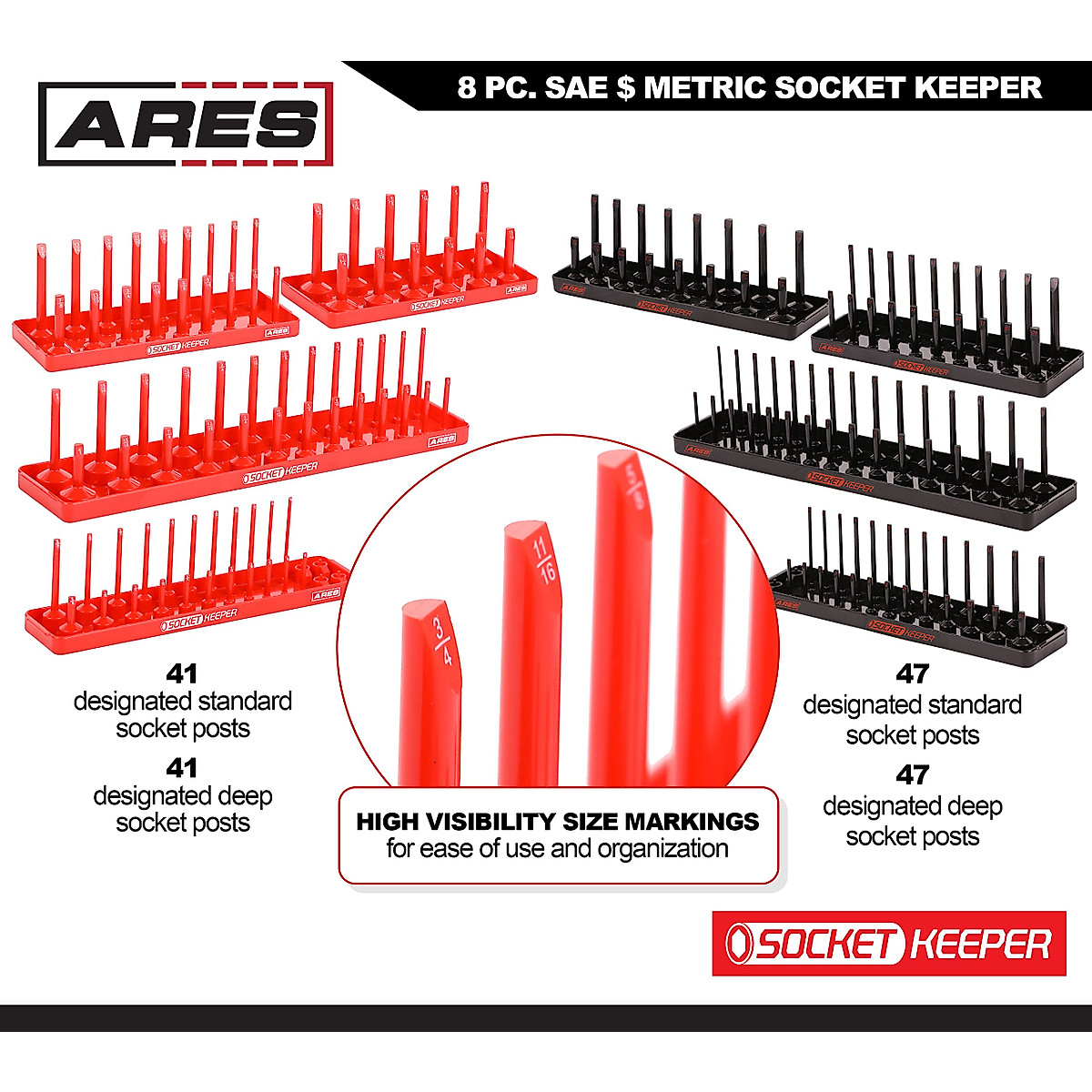 ARES 60178 – 8-Piece Metric & SAE Socket Keeper/Organizer Tray Set – Black & Green Socket Holders - Store 176 Standard & Deep Sockets - Socket Posts Feature High Visibility Markings