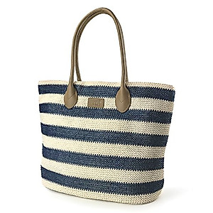 Striped Synthetic Straw Womens Tote Light Weight Vaction Shoulder Handbag (Navy)