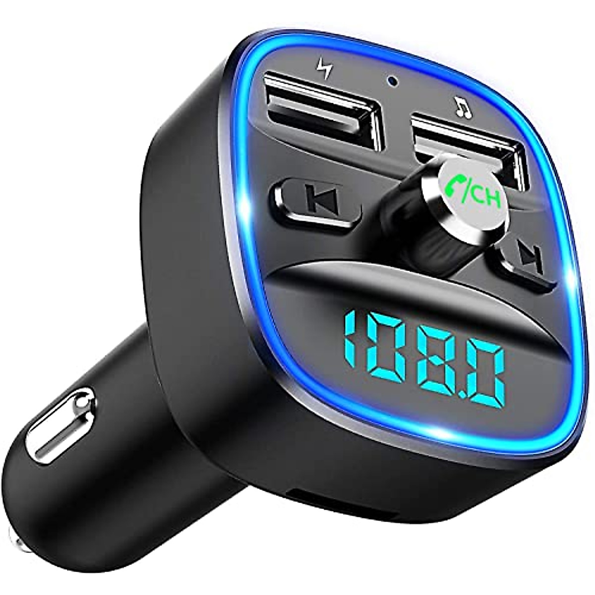 Bluetooth FM Transmitter for Car, Blue Ambient Ring Light Wireless Radio Car Receiver Adapter Kit with Hands-Free Calling, Dual USB Charger 5V/2.4A and 1A, Support SD Card, USB Disk (Black)