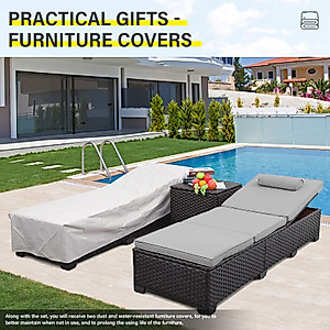 Outdoor PE Wicker Chaise Lounge Set, Patio Lounge Chairs, Outside Poolside Lounger Furniture Set of 3, Brown Rattan Recliners with Adjustable Backrest, Grey Cushions, and Storage Table