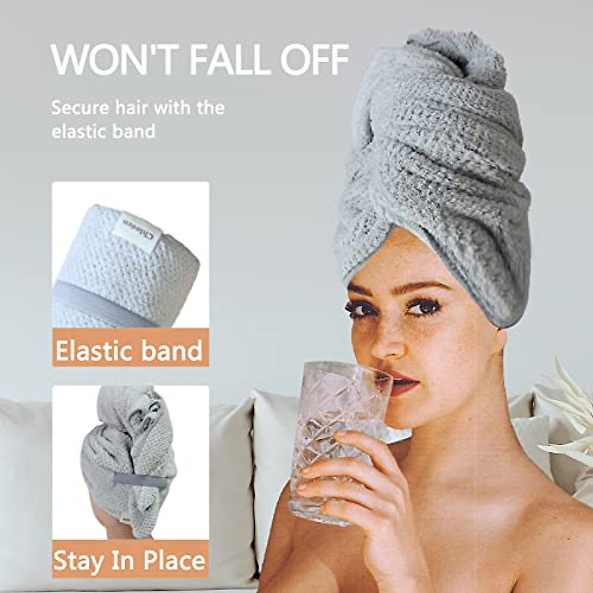 Chloven 2 Pack Extra Large Microfiber Hair Towel Wrap for Women,43 inch X 24 inch Anti Frizz Hair Drying Towel with Elastic Strap,Hair Wrap Towels Absorbent Quick Dry Hair Turbans for Drying Long Hair