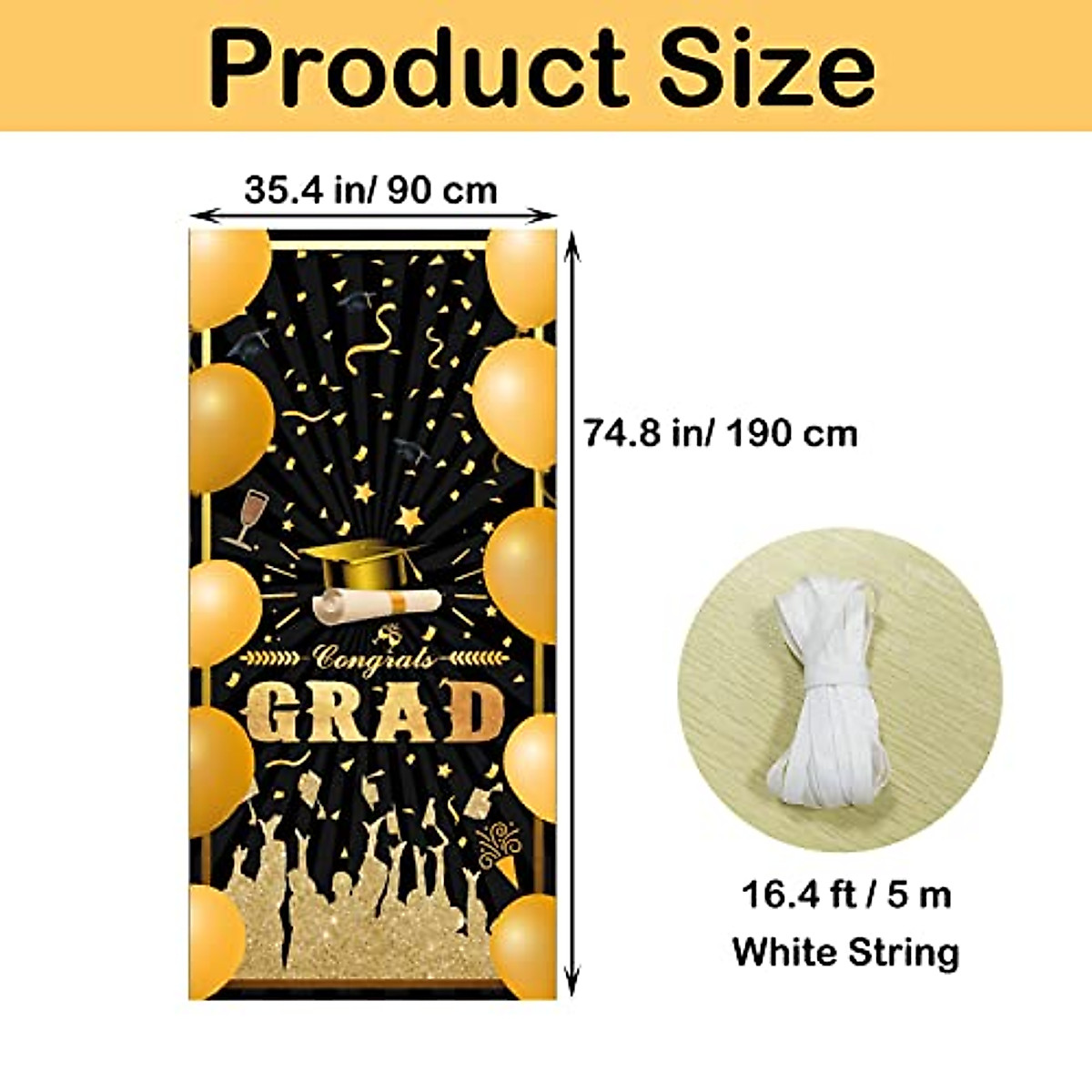 Mocossmy Graduation Door Banner 2022,Large Black Gold Congrats Grad Banner Door Covers Graduation Porch Sign Photo Booth Props Backdrop for Photography High School College Graduation Party Decoration