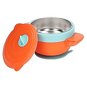 Baby Suction Bowls, Stay Put Suction Bowl with Lid Toddler Feeding Set Safe Dishwasher Detachable Stainless Steel Interior Weaning Insulation Bowl(Orange)