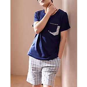 Leisure Home Big Boys Pajamas,Long Plaid Strips Cotton Shorts Tee Shirt Sleepwear Teens 8-18 Years (10-12 Years, BuleGrey), BoyPJS009