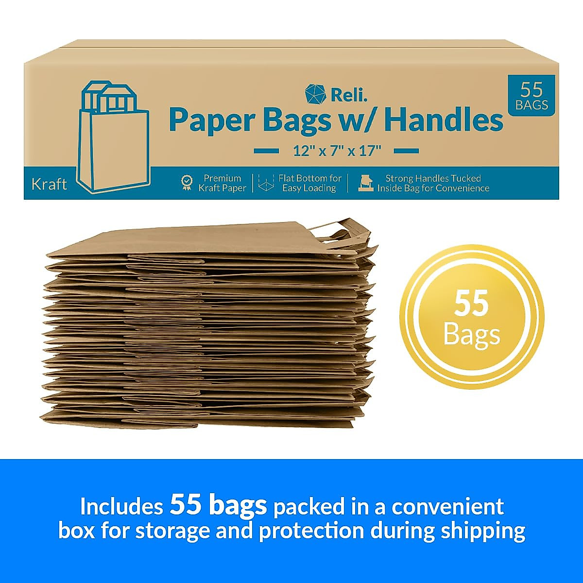 Reli. Paper Grocery Bags with Handles | 55 Pcs Bulk | 12"x7"x17" | Kraft Brown Paper Bags, Large | Use for Grocery, Take-Out, Restaurant, Retail, Shopping
