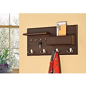 Entryway Coat Rack Mail Envelope Storage and Key Holder Hooks in Cappuccino Finish