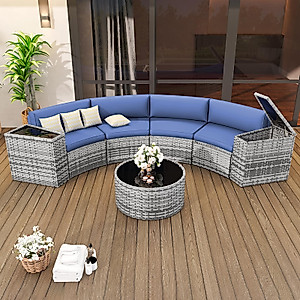 VONZOY Patio Sectional Furniture Outdoor 7-Piece Grey Rattan Curved Sofa Set with Storage Table,Pillows,Fit for Pool Backyard Balcony Porch Lawn(Navy)