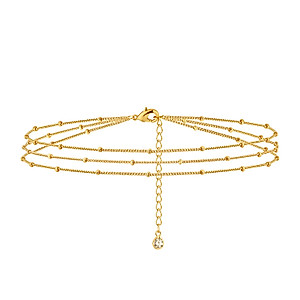 Fettero 14K Gold Bracelet for Women Gold Plated Bracelet Dainty Chain Gold Beaded Bracelet Paperclip/Curb/Figaro/Satellite Chain Adjustable Bracelet Jewelry -Satellite 3 Layer Gold