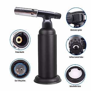 Butane Torch, JUN-L Big Blow Torch Refillable Cooking Torch Lighter, Adjustable Flame for Desserts, BBQ, Soldering with Safety Lock (Butane Gas Not Included) (Black)