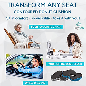 Lillyzen Donut Pillow for Tailbone Pain Relief Memory Foam Seat Cushion Orthopedic Pressure Relief Sitting Coccyx Sciatica Hemorrhoids Pregnancy Postpartum Office Chair Butt Pillows (Black Grey)