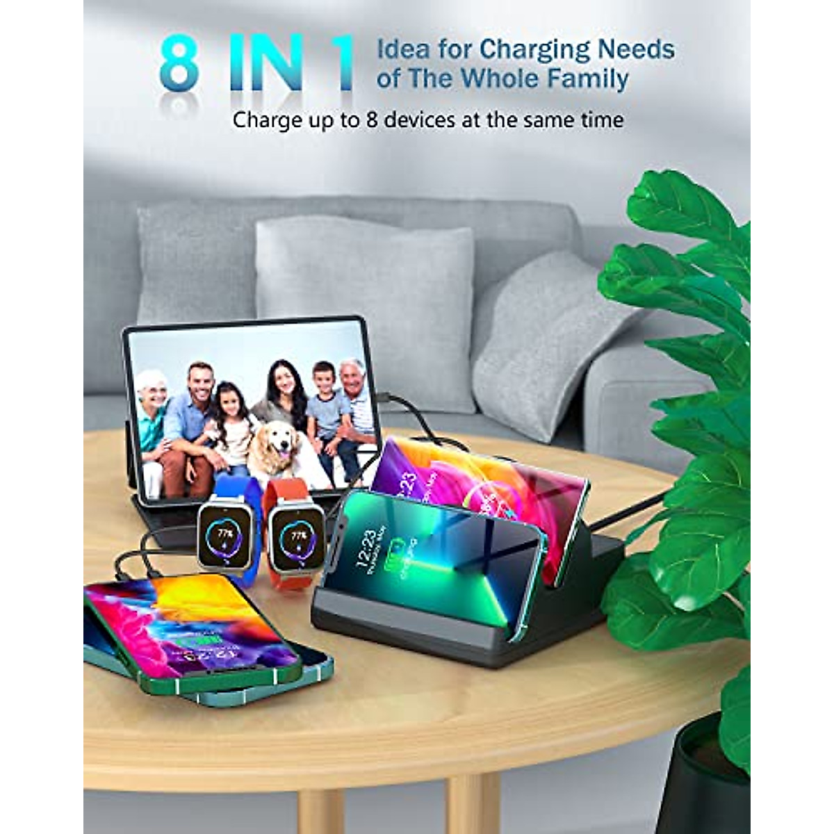 Wireless Charging Station with USB Ports, 8 in 1 Dual 15W Wireless Charger Station, 2 QC/2 PD USB Fast Charging Station, 80W Phone charger for iPhone14/13/12/11/X/Xr/Xs/8/Samsung/Android/iWatch/AirPod