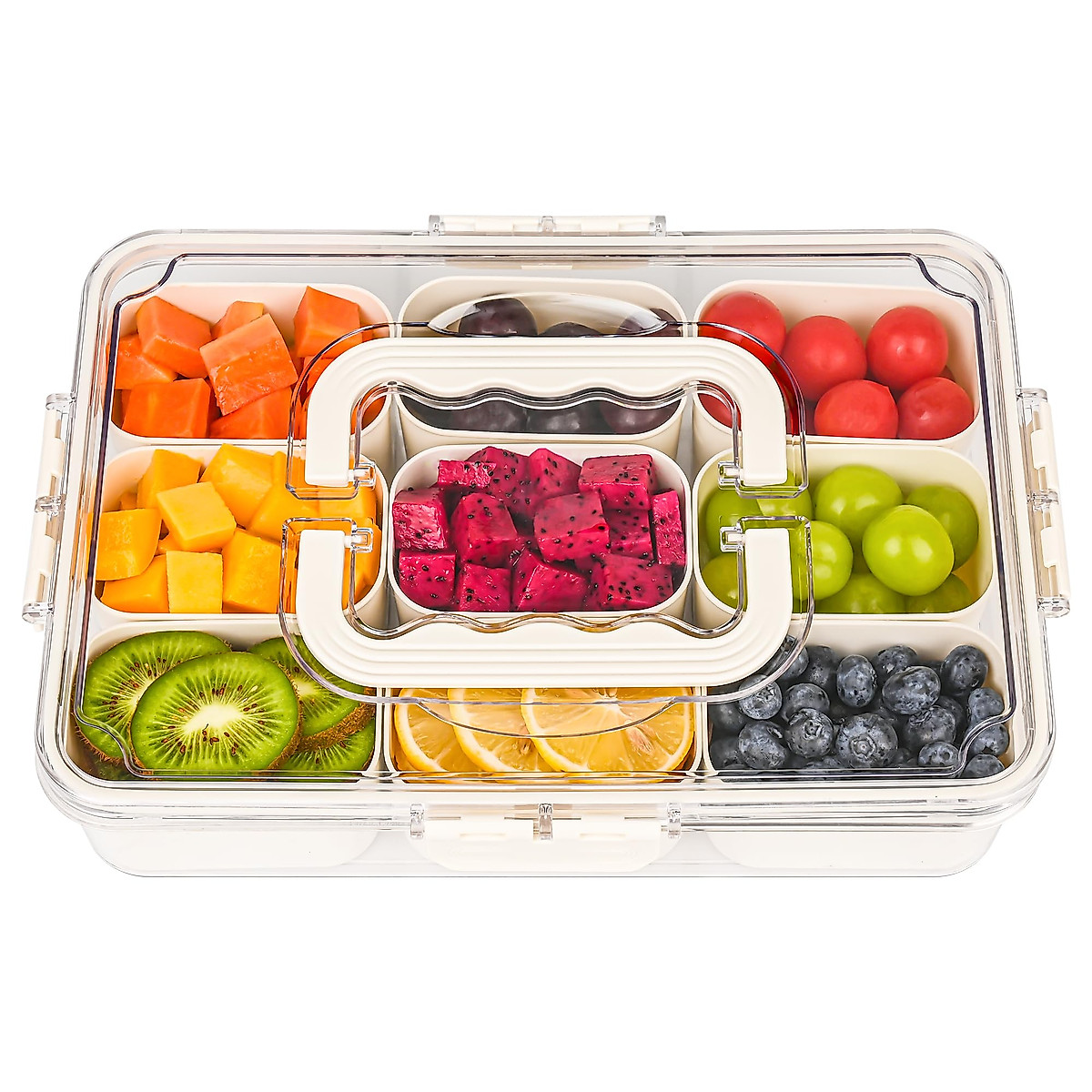 EUGRSHL Divided Serving Tray with Lid and Handle, Fresh Food Storage Container Organizer for Fruits, Vegetables, Salads, Meal Prep (White)