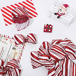 Whaline 2 Rolls 20 Yards Christmas Wired Edge Ribbons Glitter Red White Stripes Ribbon Christmas Candy Cane Gift Wrapping Ribbons for DIY Wreath Floral Arrangement Bow Decoration Supplies, 1.5 Inch