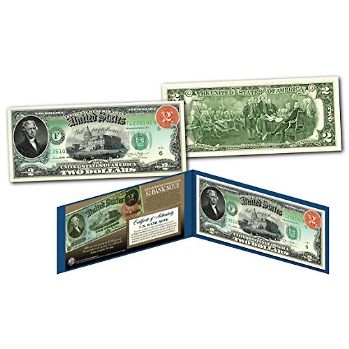 Rainbow 1869 $2 Banknote on Modern $2 US Bill - First Time Jefferson on $2 Bill