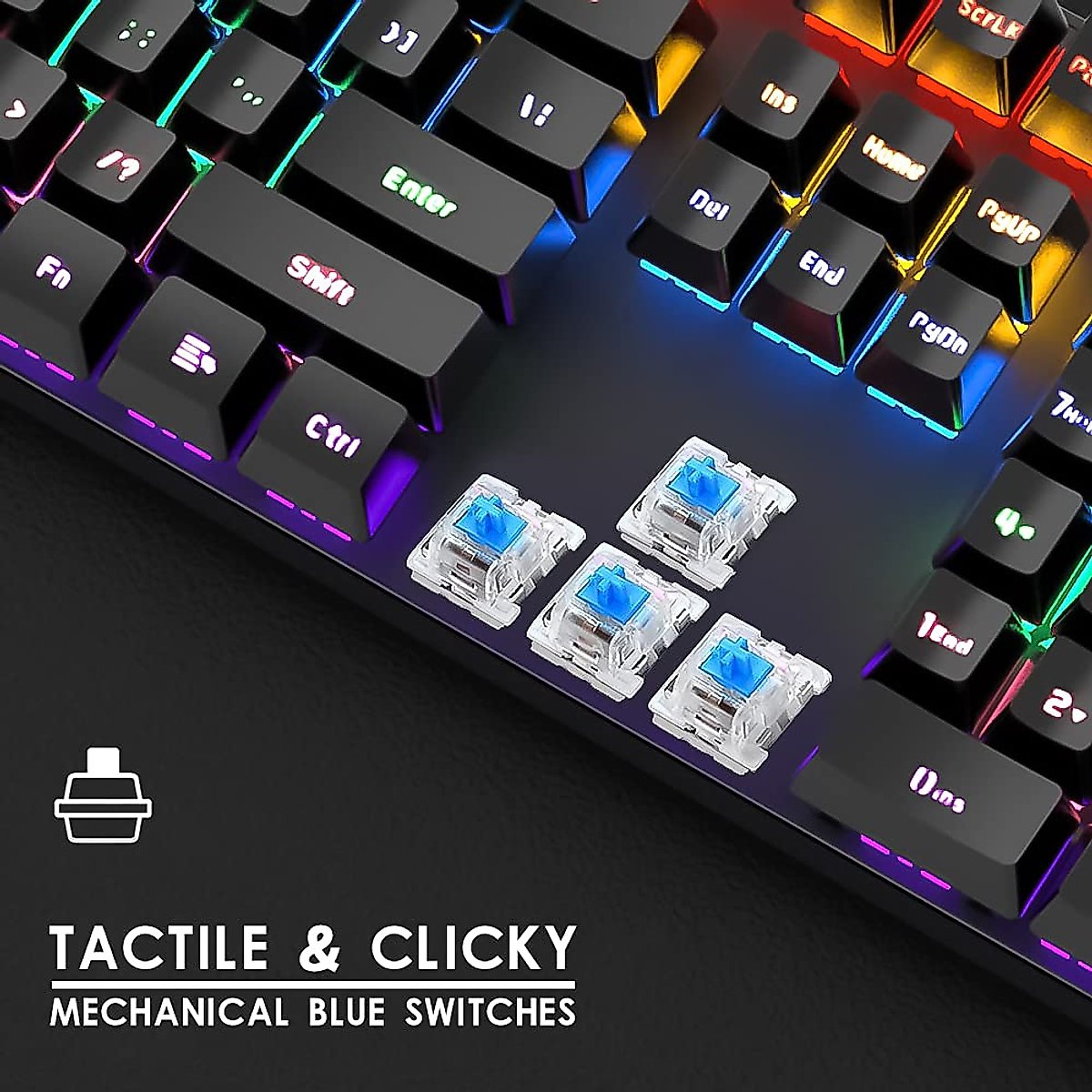 Alkem Mechanical Gaming Keyboard with Rainbow Backlit 104 Keys Gaming Keyboard USB Wired Keyboard with Blue Switch Anti-Ghosting Full Size Keyboard for Windows PC MAC Games (Black)