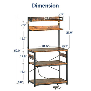 Casaottima Bakers Rack with Power Outlet & LED Lights, Coffee Bar with Storage 5-Tiers, Microwave Stand Kitchen Shelf 16.5 * 31.5 * 59 inches, Kitchen Coffee Rack, Rustic Brown