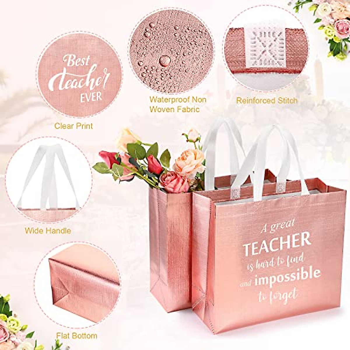 12 Pcs Glossy Teacher Appreciation Gift Bag Teacher Non Woven Metallic Tote Bags Large Reusable Teacher Bag with Finish for Teachers Day Back to School End of Semester Gifts (Rose Gold)