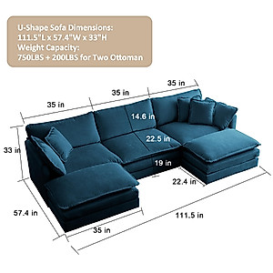 Suheww 111.5" Oversized U-Shaped Modular Sectional Sofa Couch for Living Room, Modern Soft Chenille Large Cloud Couch, Comfy Deep Seat with Chaise & Movable Ottoman (Blue, U-Shaped 3 Seat)