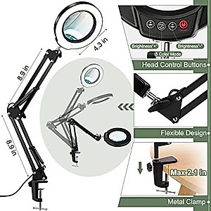Krstlv 5X Magnifying Glass with Light and Clamp, Upgrade Button 5 Color Modes, Stepless Dimmable LED Lighted Desk Lamp, Hands Free Magnifier with Light and Stand for Craft Hobby Reading Close Work