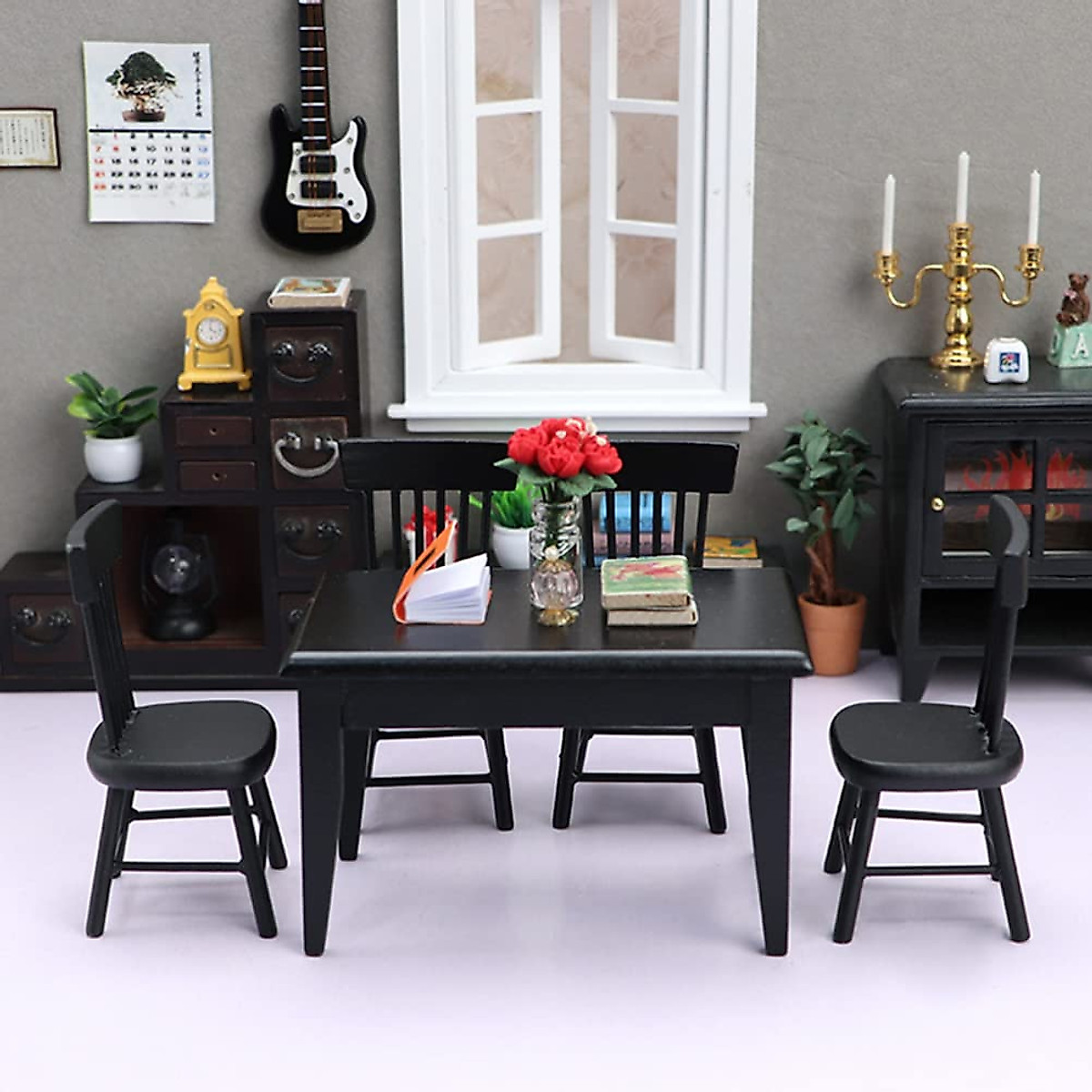 Black Chairs 5Pcs Miniature Table and Chairs, Mini Dining Table Set for 4, Doll House Black Wooden Table Chairs Miniature Furniture and Accessories Furniture