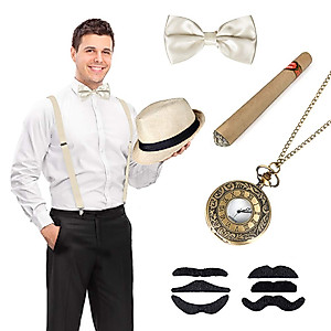 sinoeem 1920s Mens Gatsby Gangster Costume Accessories Set with Pocket Watch,Hard Felt Panama Hat, Y-Back Suspenders & Pre Tied Bow Tie,Toy Cigar & Fake Mustache, Beige-01, 15