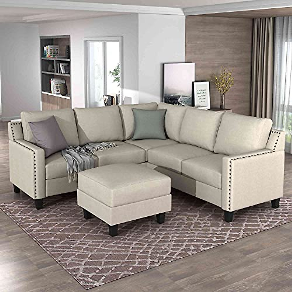Tulib Symmetrical Sectional Sofa with Ottoman, L-Shaped Rivet Modern Upholstered Couch Set with Cushions, for Living Room, Beige