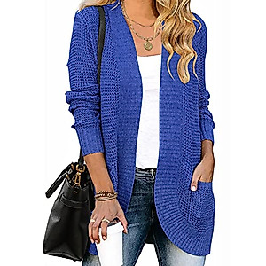 ZESICA Women's 2023 Long Sleeve Open Front Casual Lightweight Soft Knit Cardigan Sweater Outerwear,Blue,Medium