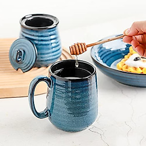 Hasense Ceramic Honey Jar with Lid,12 Ounce Honey Pot with Wooden Dipper,Porcelain Honey Dipper Stick and Jar Set,Honey Containers for Home and Kitchen,Dishwasher Safe(Blue)