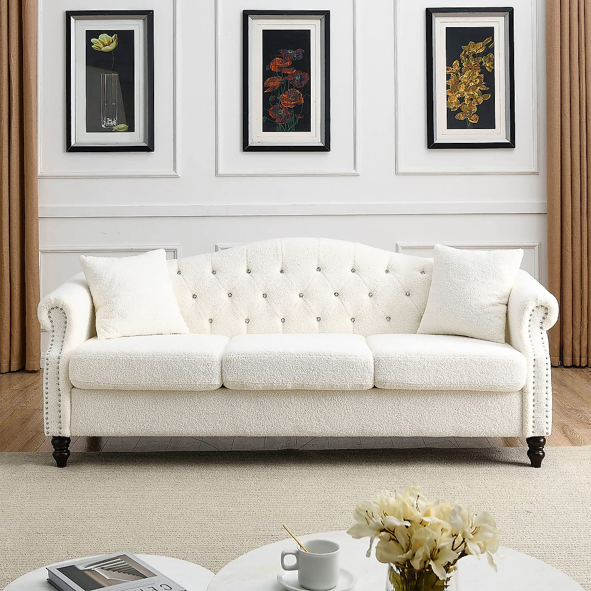 CALABASH 80" Chesterfield Sofa Teddy Tufted Couch with Two Pillows,3 Seater Sofa with Rolled Arms and Nailhead for Living Room, Bedroom, Office, Apartment(Teddy White, Sofa)