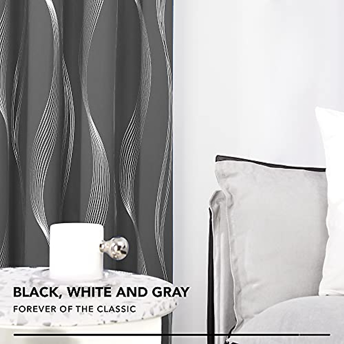 Deconovo Blackout Curtains for Bedroom 84 Inches Long,Wave Foil Print Room Darkening Black Out Curtains for Living Room, 2 Panels Set, 52 by 84 Inch, Dark Grey