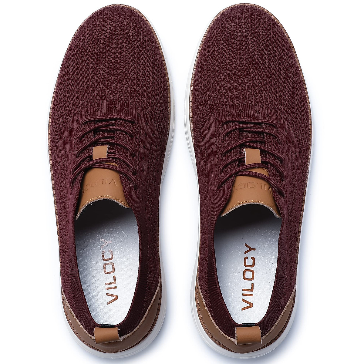 VILOCY Men's Casual Dress Sneakers Oxfords Business Shoes Lace Up Lightweight Comfortable Breathable Walking Knit Mesh Fashion Sneakers Tennis Wine Red,EU44