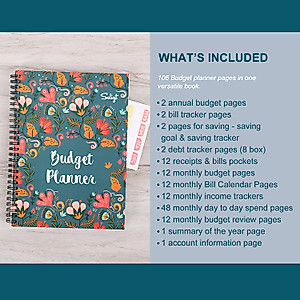 Monthly Budget Planner [Undated] with 12 Bill Pockets for Income, Debt, Saving, Expense and Bill Tracker Organizer, Blue, Floral Design