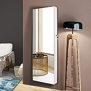 QUANYOU 6 LED Lights Lockable Full Mirror Full Screen Jewelry Organizer Wall Mounted/Door Mounted/Jewelry Cabinet Jewelry Armoire with Mirror/Full Length Mirror Hanging Mirror 7025 (White)