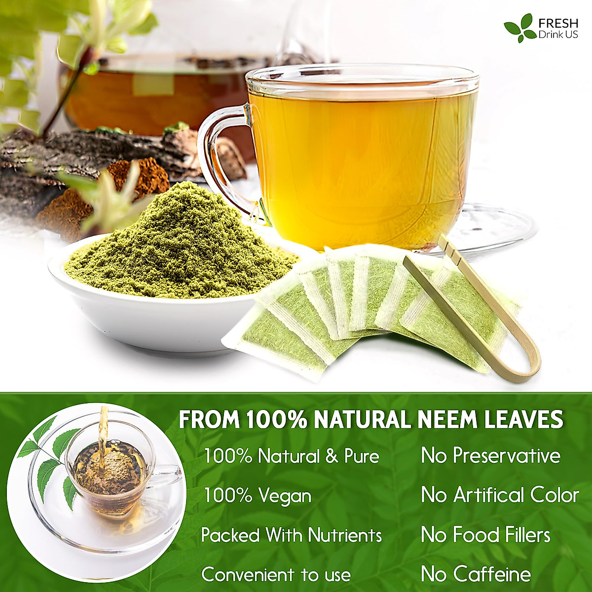 Premium 100 Neem Leaf Tea Bags, 100% Natural and Pure from Neem Leaves. Loose Leaf Neem Herbal Tea. Neem Leaf Tea. No Sugar, No Caffeine, No Gluten, Vegan.