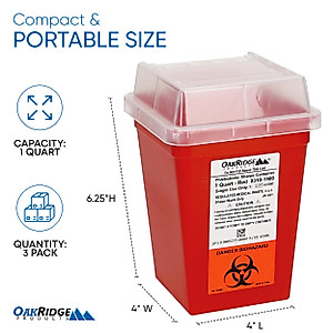 Oakridge Products Sharps Container for Home Use and Professional 1 Quart (3-Pack), Biohazard Needle and Syringe Disposal, Small Portable Container for Travel, CDC Certified